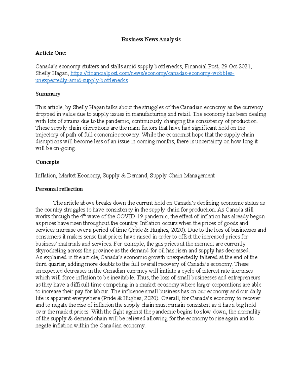 Business News Analysis - Business News Analysis Article One: Canada’s ...