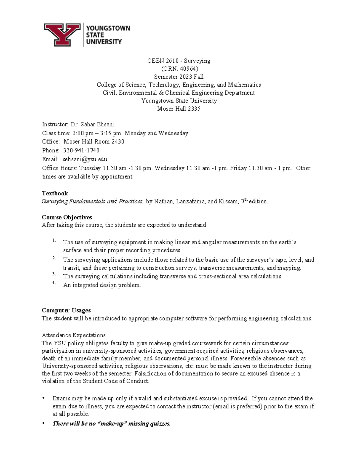 CEEN 2610 Syllabus Fall23(1) - CEEN 2610 - Surveying (CRN: 40964 ...