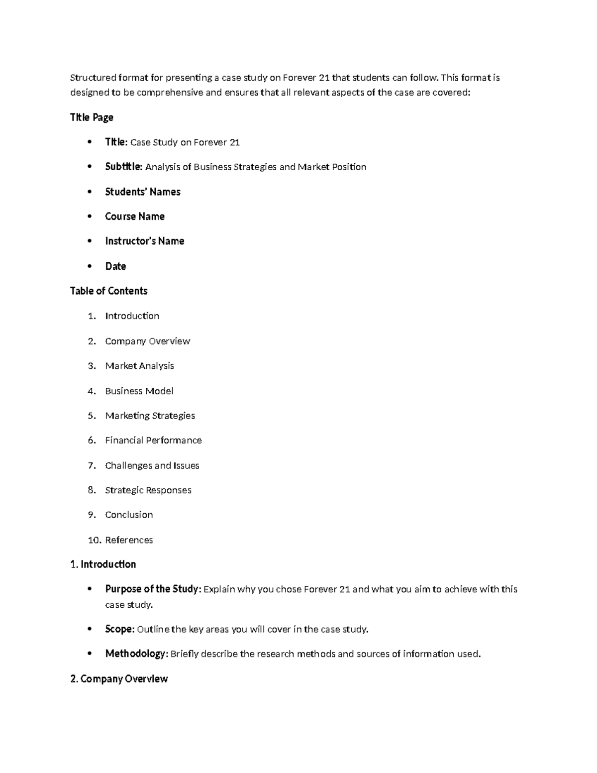 Structured Case Study Format - Structured format for presenting a case ...