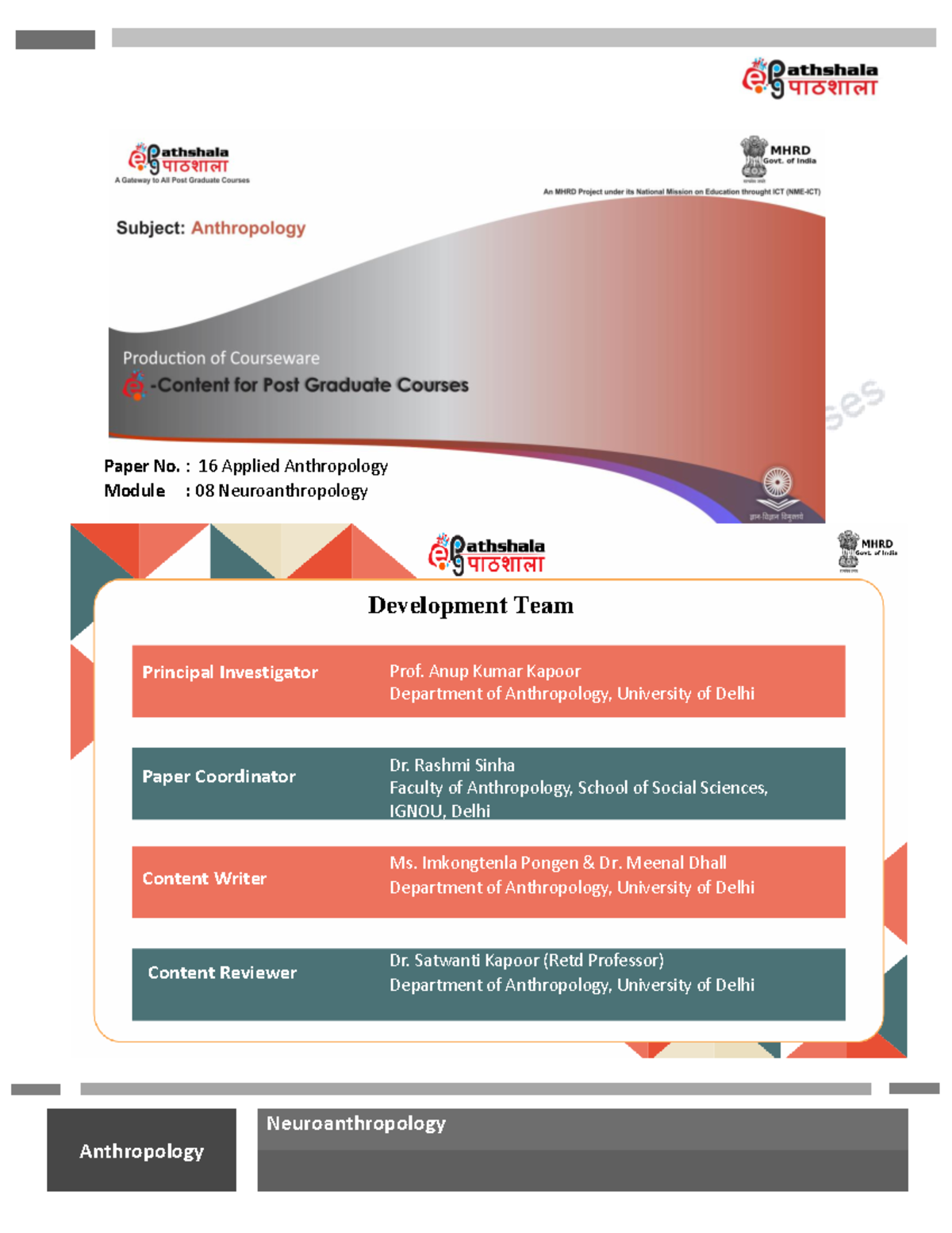 The concept of Neuroanthropology - 1 Neuroanthropology Paper No. : 16 ...