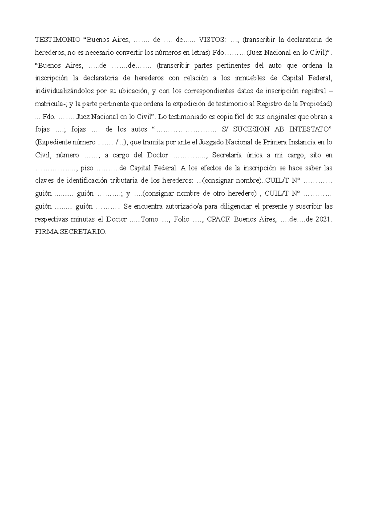 Modelo Testimonio de Inscripcion - TESTIMONIO “Buenos Aires, ....... de ...