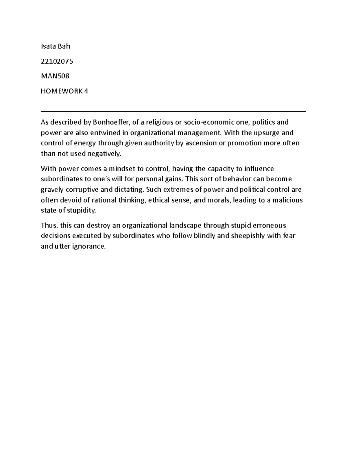 Bonhoeffer - companies practicals - Isata Bah 22102075 MAN HOMEWORK 4 ...