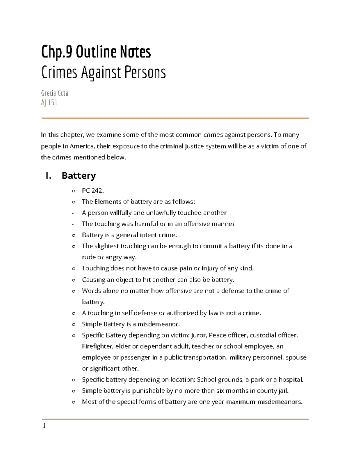 AJ151.Chp.9.Outline notes - Chp Outline Nes Crimes Against Persons ...