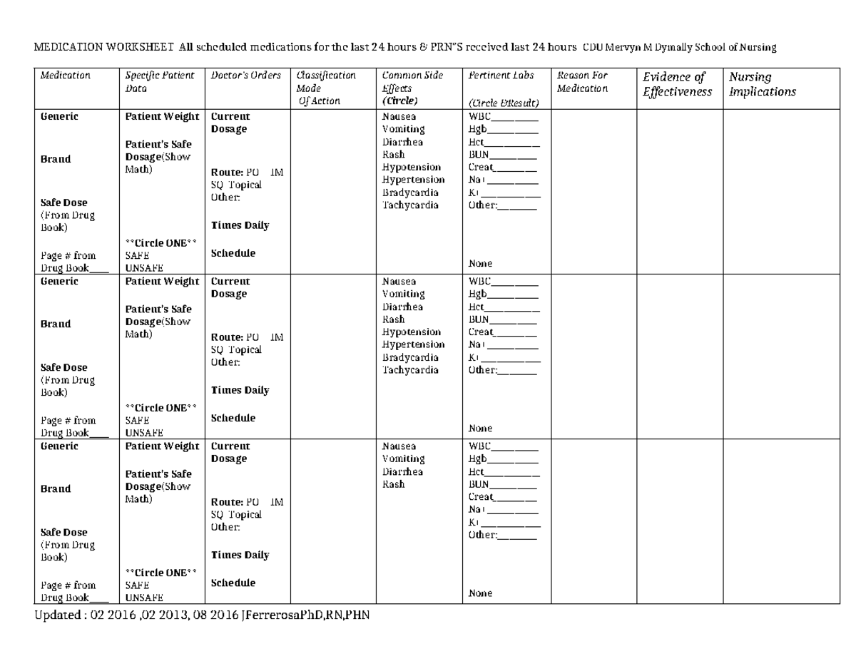 Medication Worksheet CDU 8 2016 - MEDICATION WORKSHEET All scheduled ...