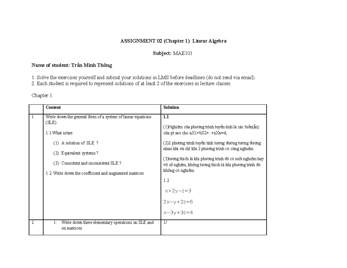 Assignment 2-LA Chapter 1 - ASSIGNMENT 02 (Chapter 1) Linear Algebra ...