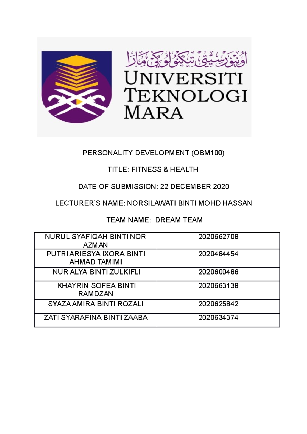 Report OBM100 Dream TEAM (TEAM Fitness) - PERSONALITY DEVELOPMENT ...