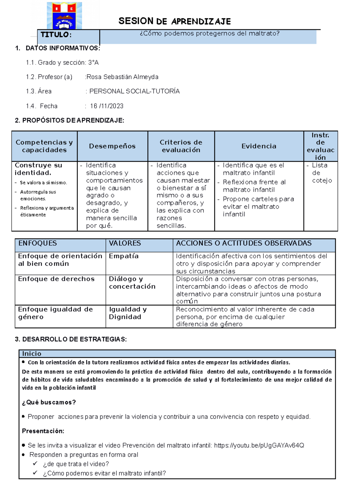 PS OK - textos y preguntas - SESION DE APRENDIZAJE 1. DATOS INFORMATIVOS: 1. Grado y sección: 3 ...