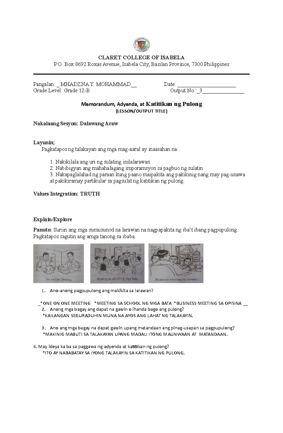 FPL Module 3 - N/A - CLARET COLLEGE OF ISABELA P. Box 8692 Roxas Avenue, Isabela City, Basilan ...