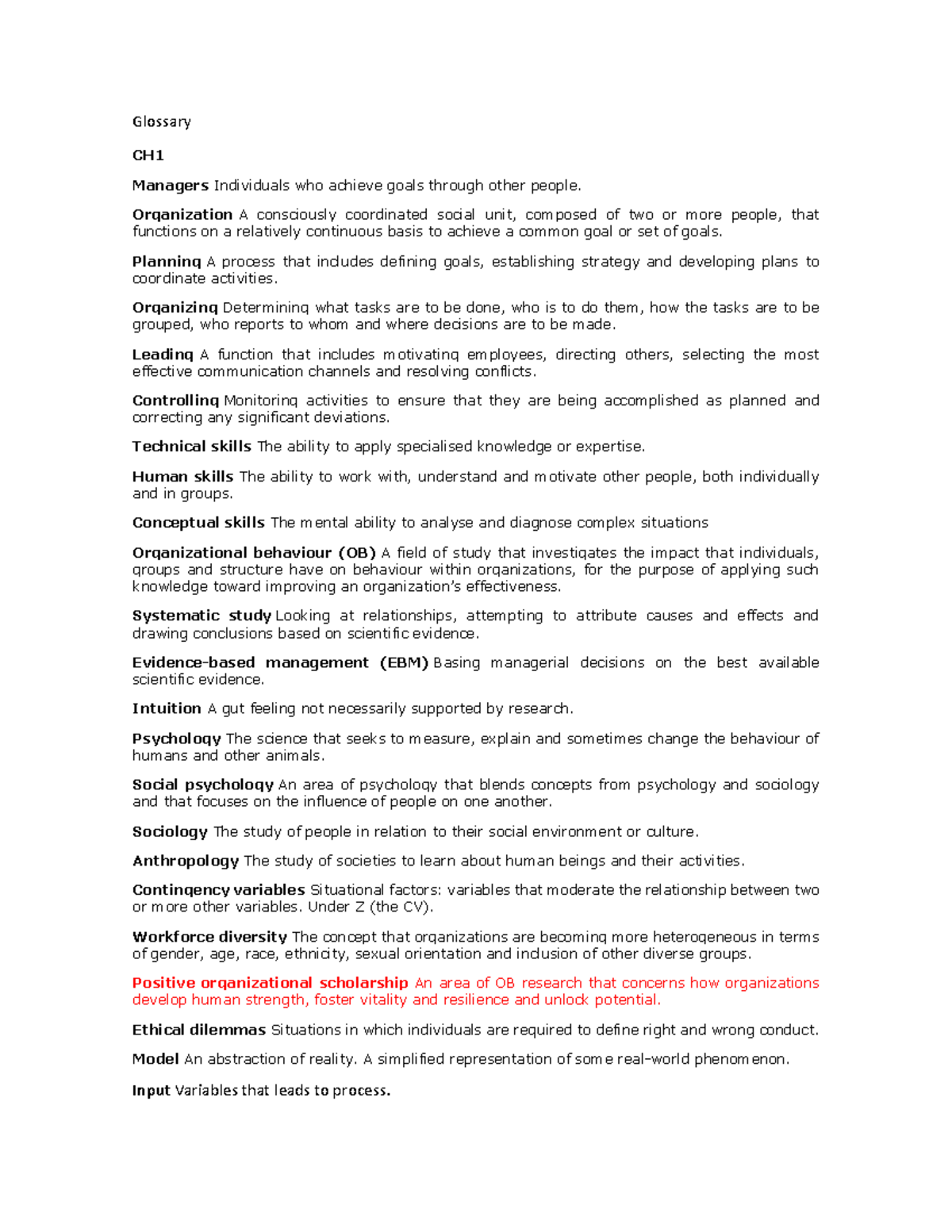 Glossary 1-8 summary organizational behavior - Glossary CH1 Managers ...