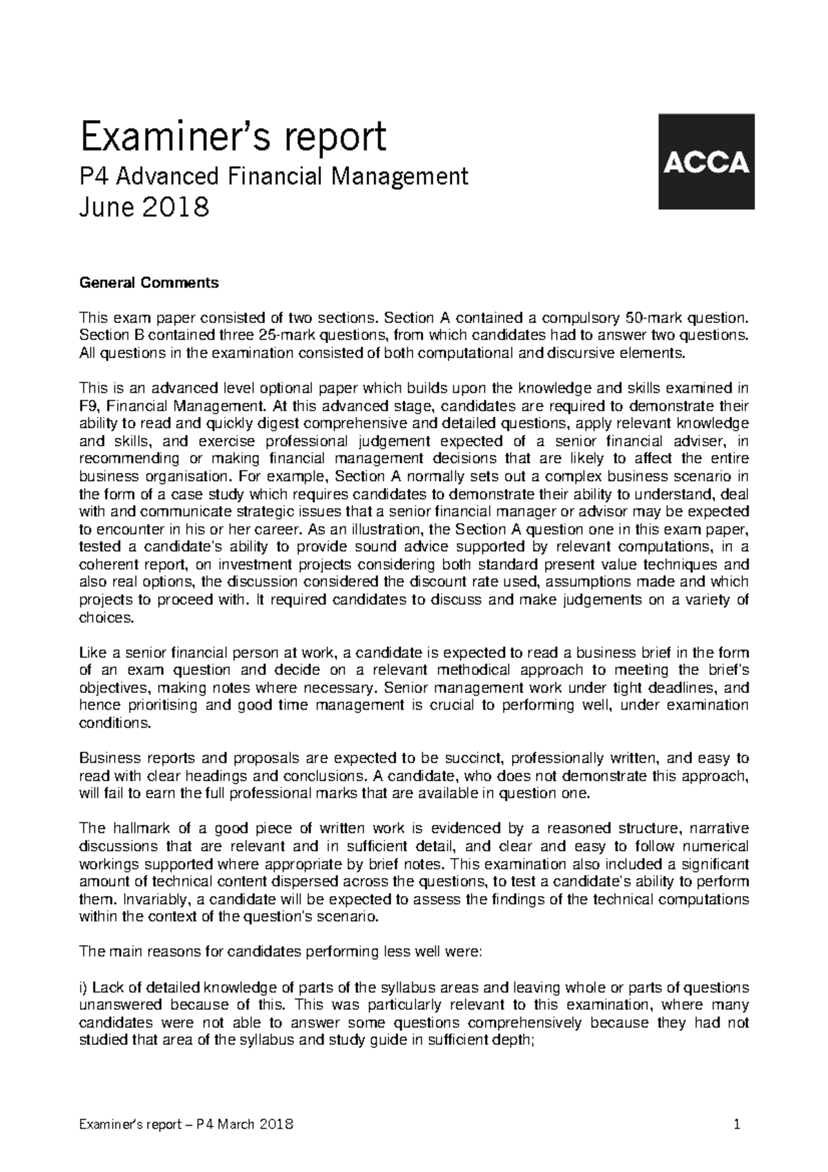 Examiner Reports - Past Paper - Examiner’s report P4 Advanced Financial ...