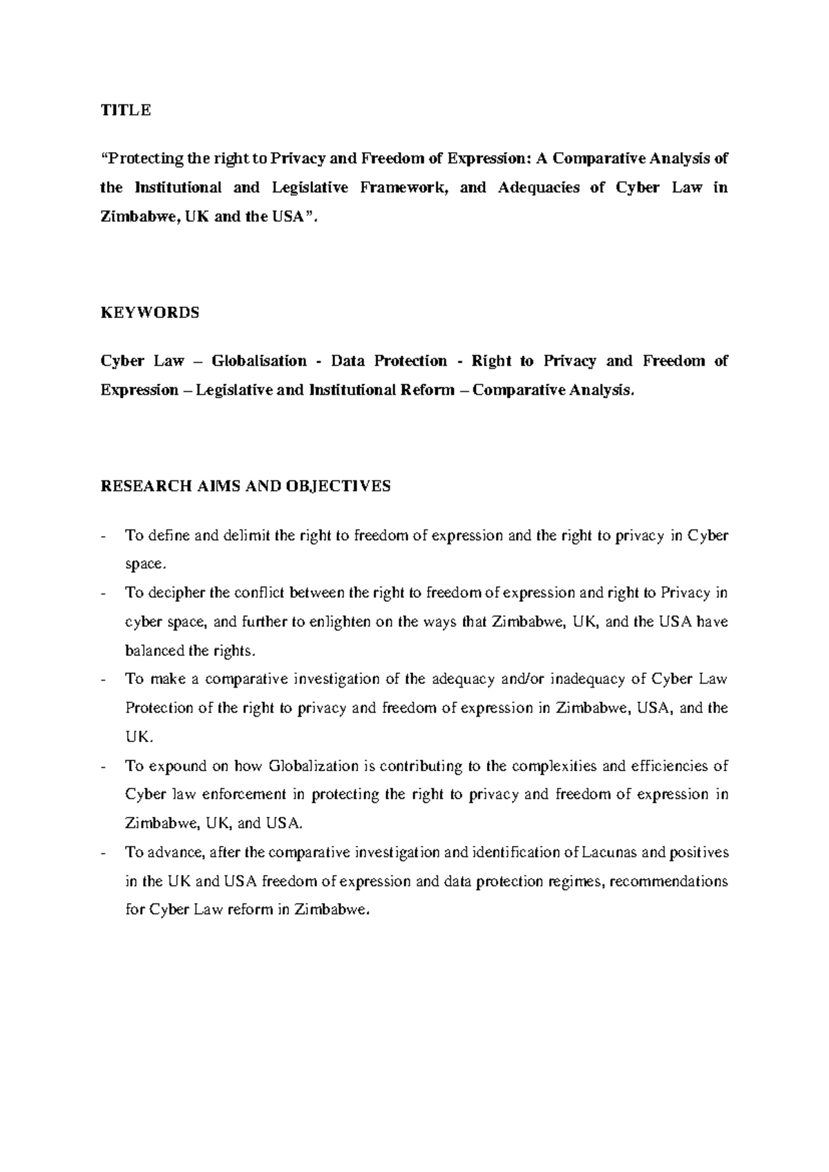 Research AIMS AND Objectives USA - TITLE “Protecting the right to ...