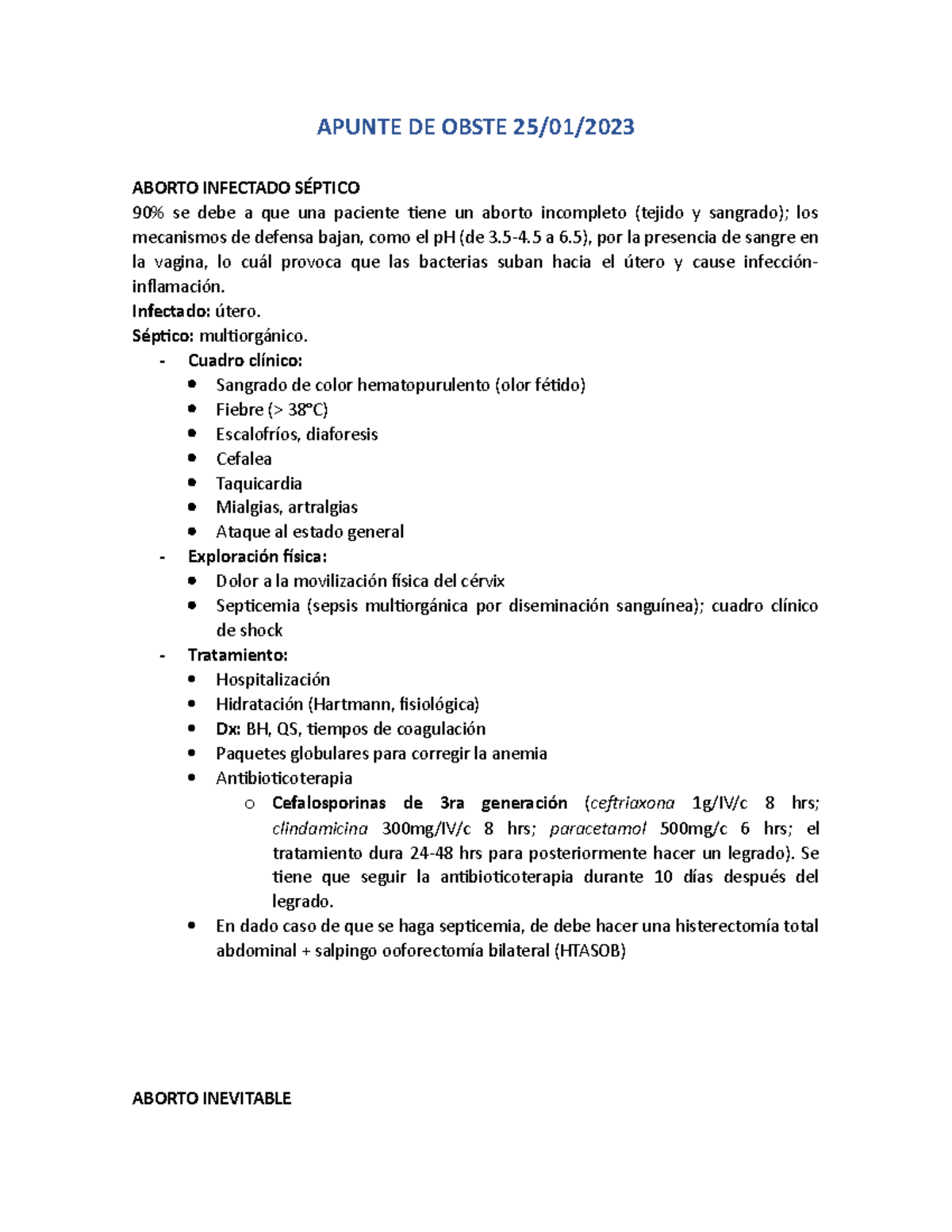 Apunte de Obstetricia - APUNTE DE OBSTE 25/01/ ABORTO INFECTADO SÉPTICO ...