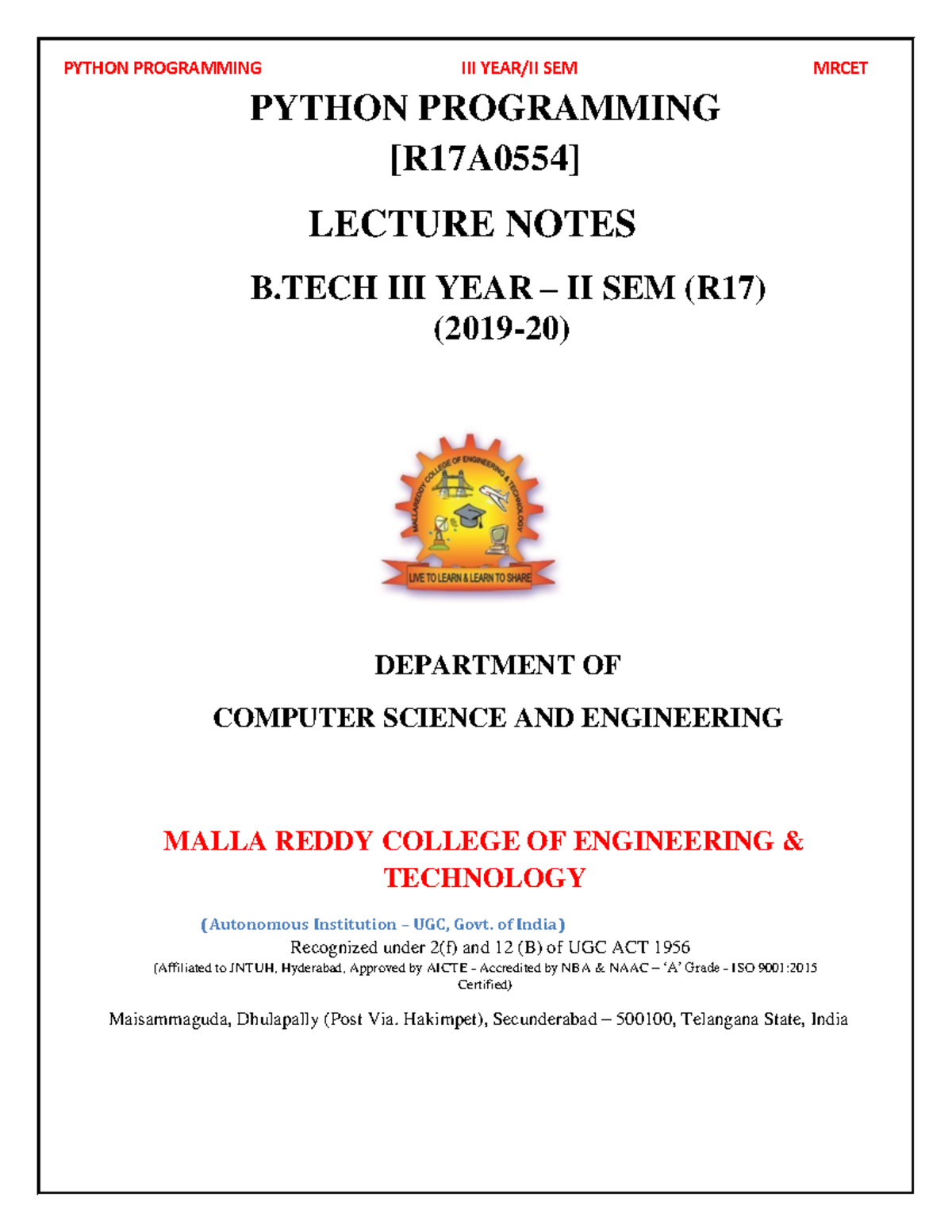 Python programming notes - PYTHON PROGRAMMING [R17A0554] LECTURE NOTES ...