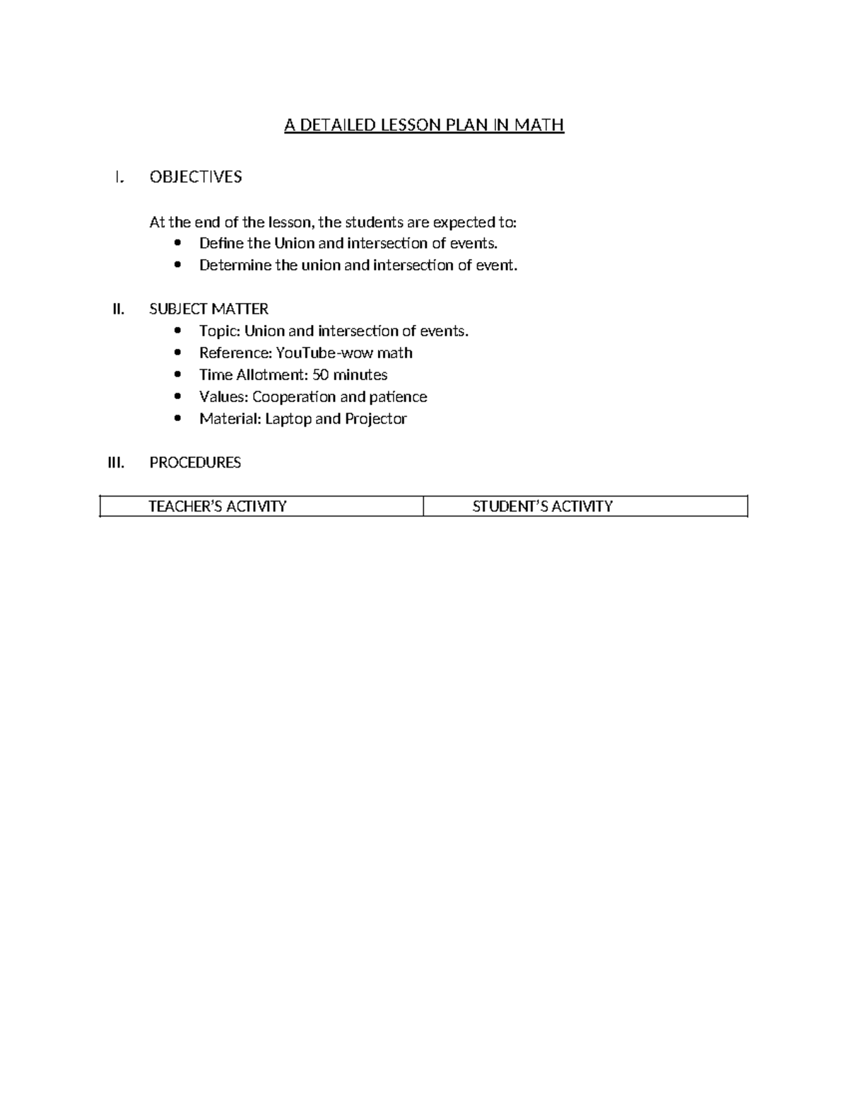 A Detailed Lesson PLAN IN MATH - A DETAILED LESSON PLAN IN MATH I ...