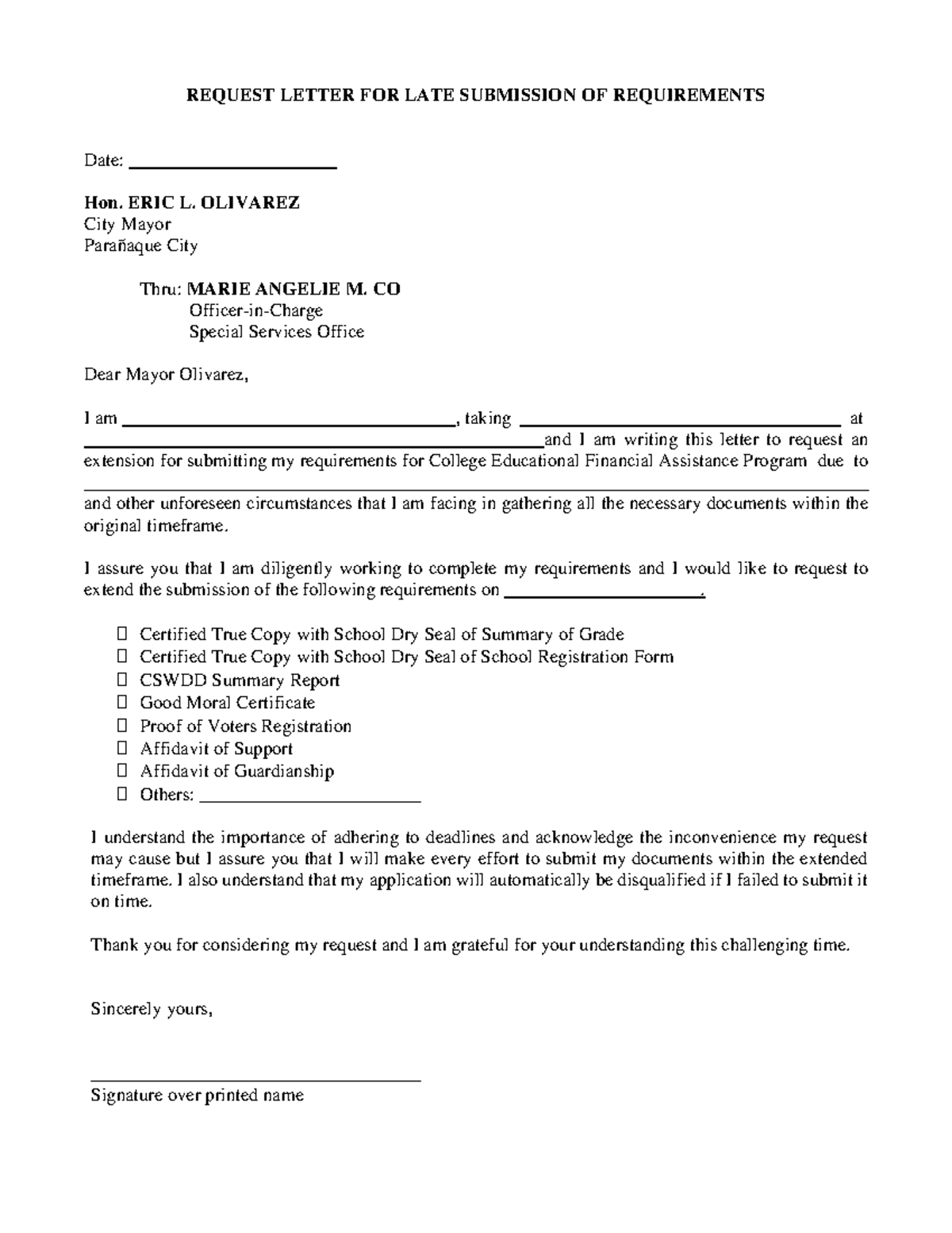 Request letter for late submission of requirement - REQUEST LETTER FOR ...