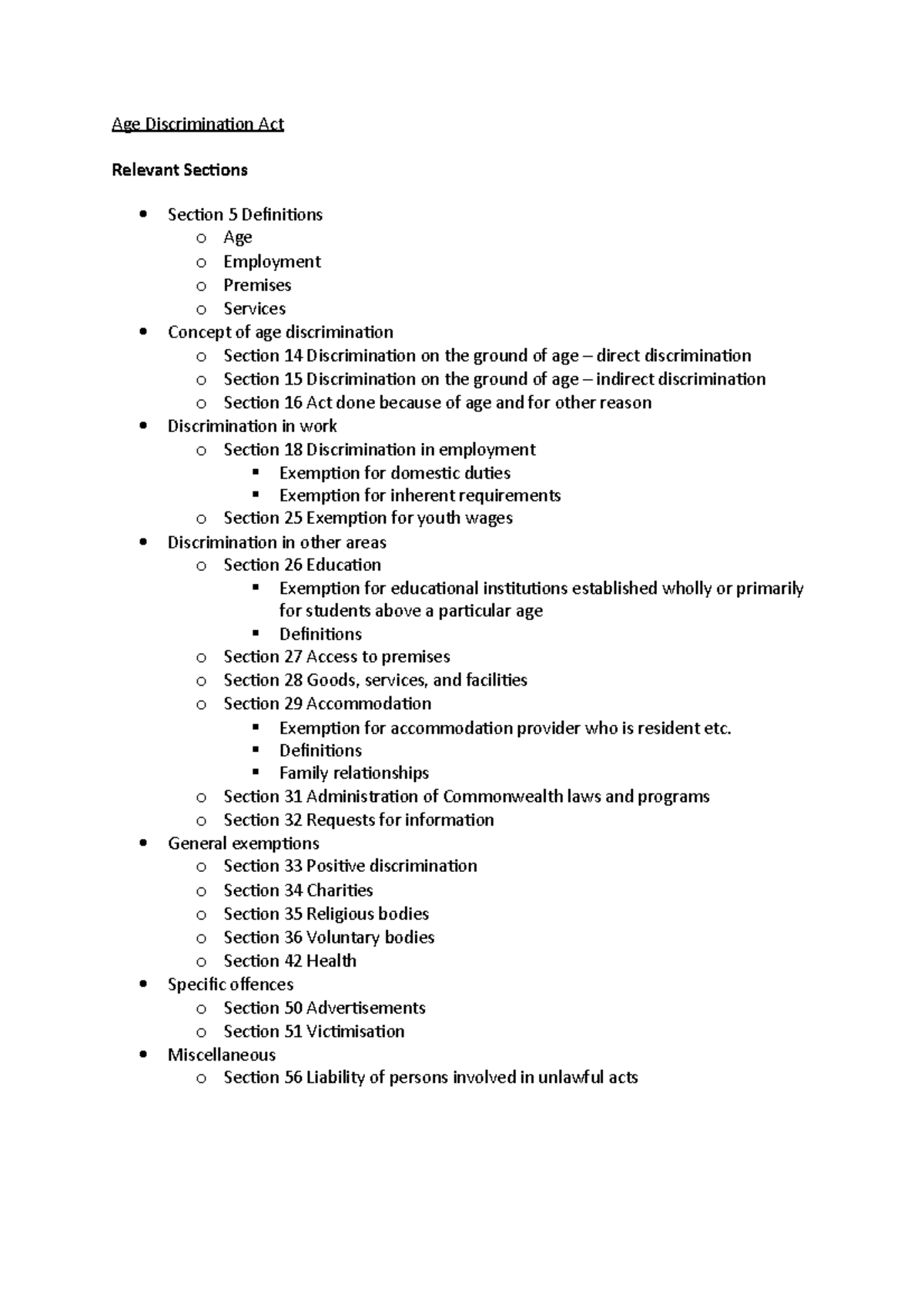Discrimination legislation (summary) - Age Discrimination Act Relevant ...