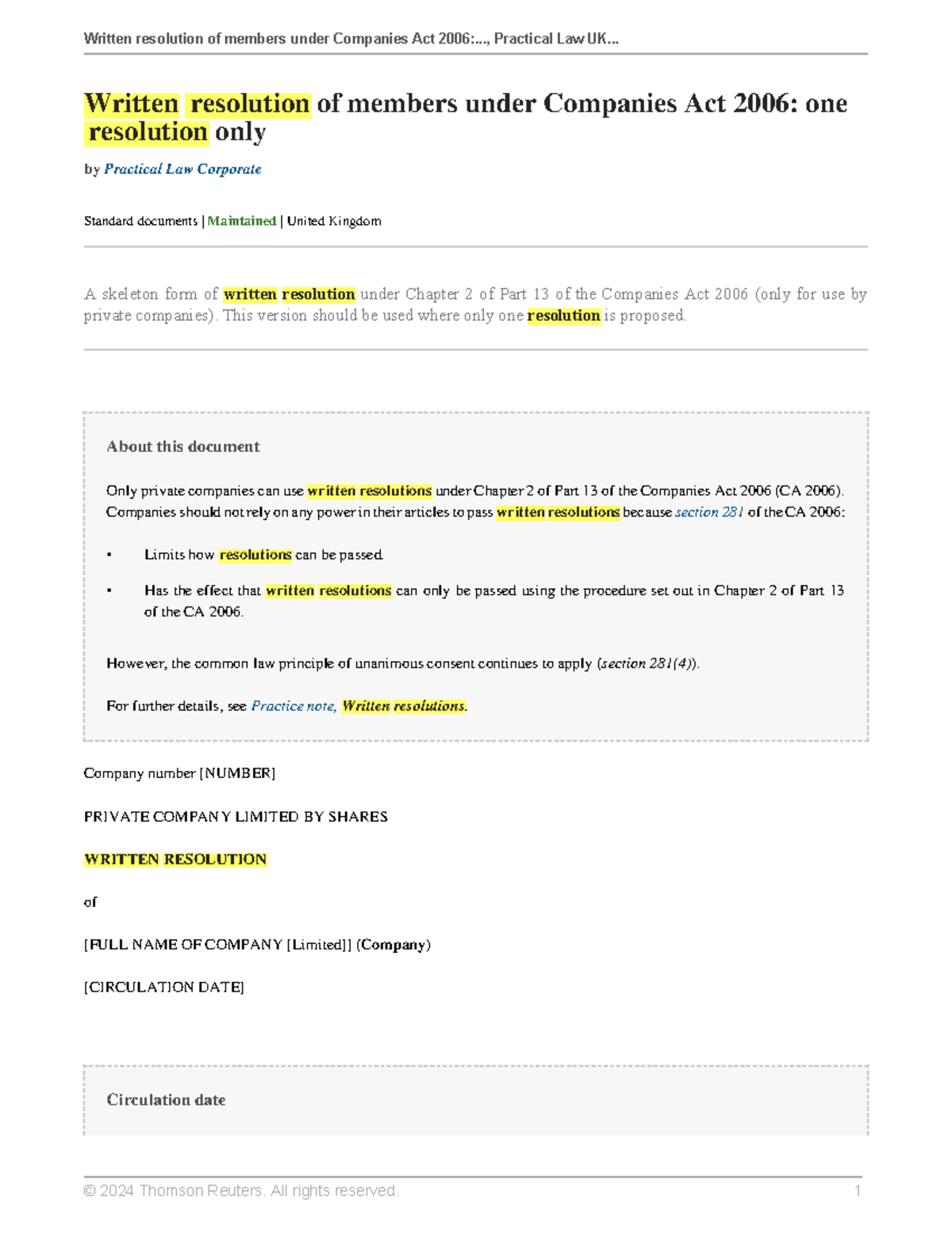 Written resolution of members under Companies Act 2006 one resolution ...
