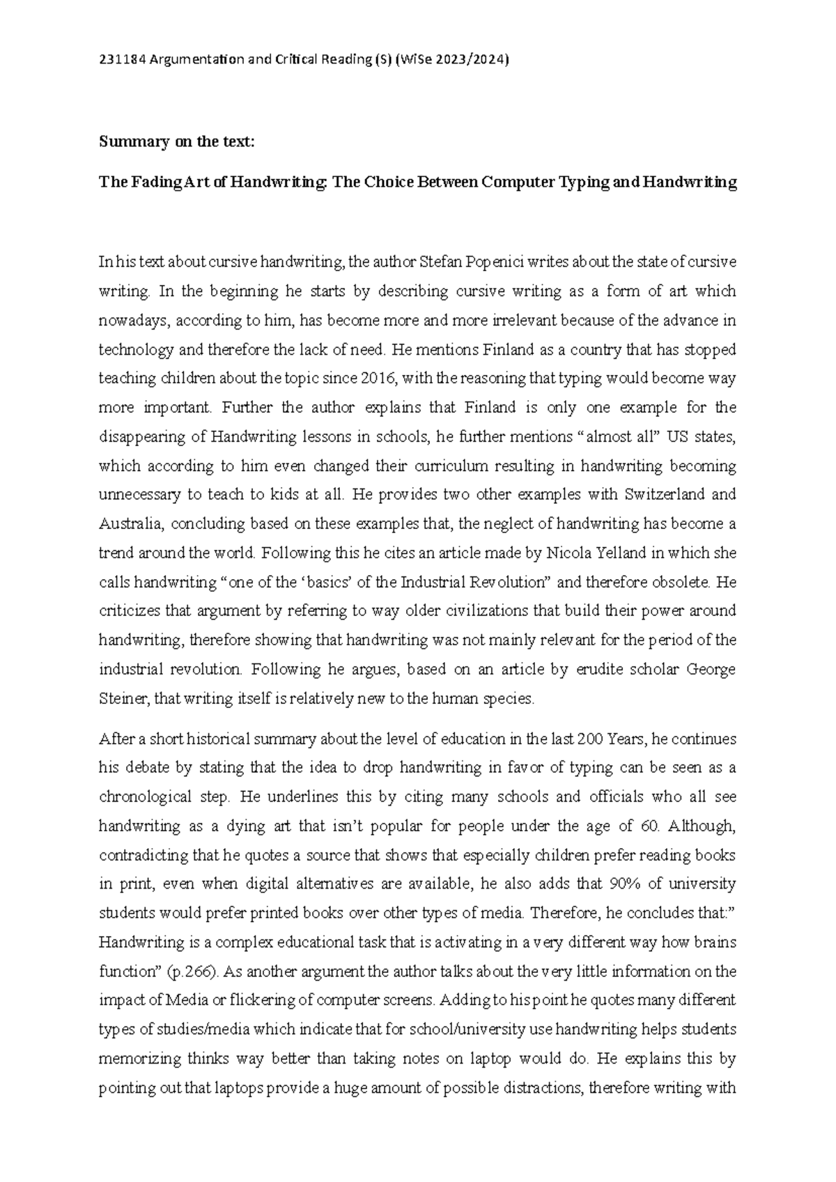 The Fading Art of Handwriting summary - 231184 Argumentation and ...