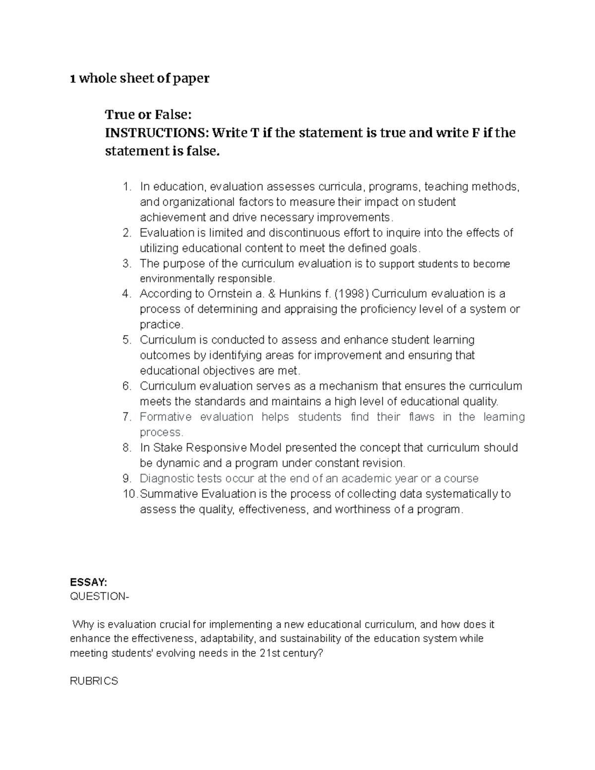 QUIZ Group 4 - nod - 1 whole sheet of paper True or False: INSTRUCTIONS ...