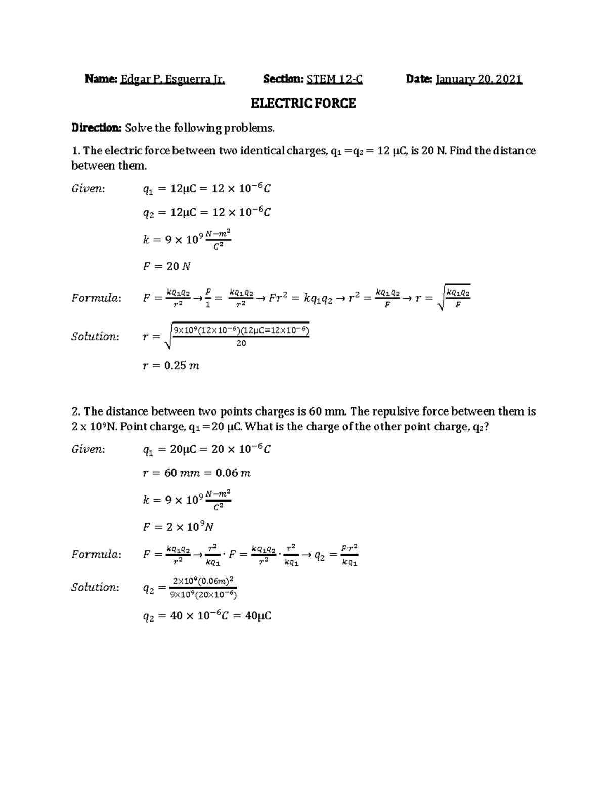 Electric Force - assignment - Name: Edgar P. Esguerra Jr. Section: STEM ...