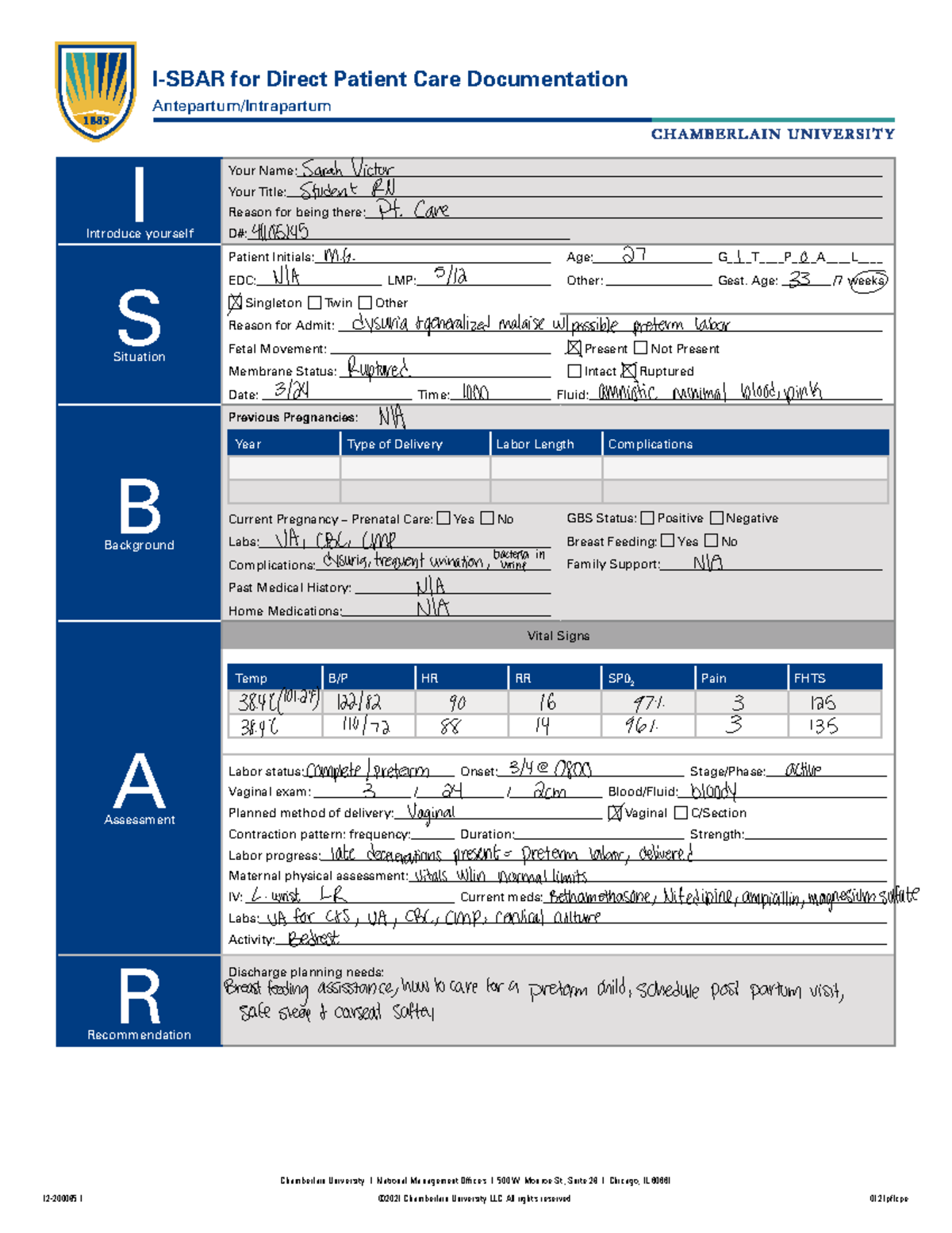 Preterm Labor Isbar - ATI - 12-200085 ©2021 Chamberlain University LLC ...