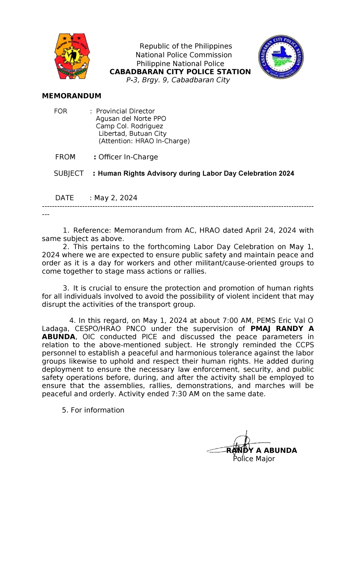 CCPS AAR Re Human Rights Advisory during Labor Day Celebration 2024 ...