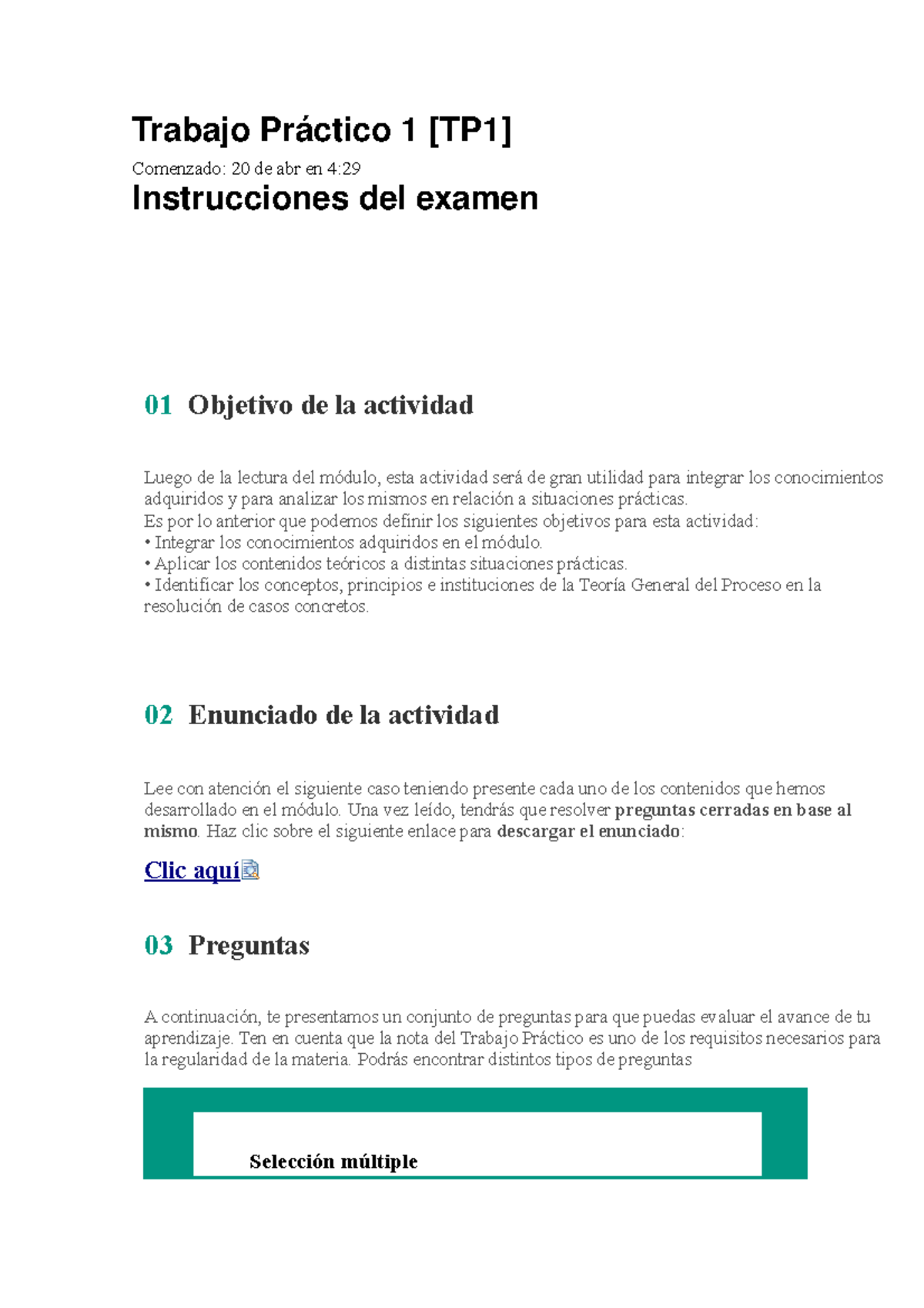TP 1 Procesal 70 % Leo - Trabajo Práctico 1 [TP1] Comenzado: 20 de abr en 4: Instrucciones del ...