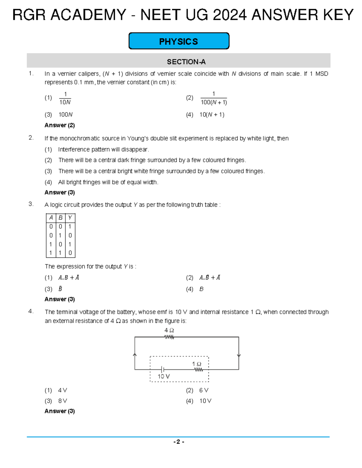 RGR Academy NEET 2024(Q3) Official Answer KEYS -1 - PHYSICS SECTION-A ...
