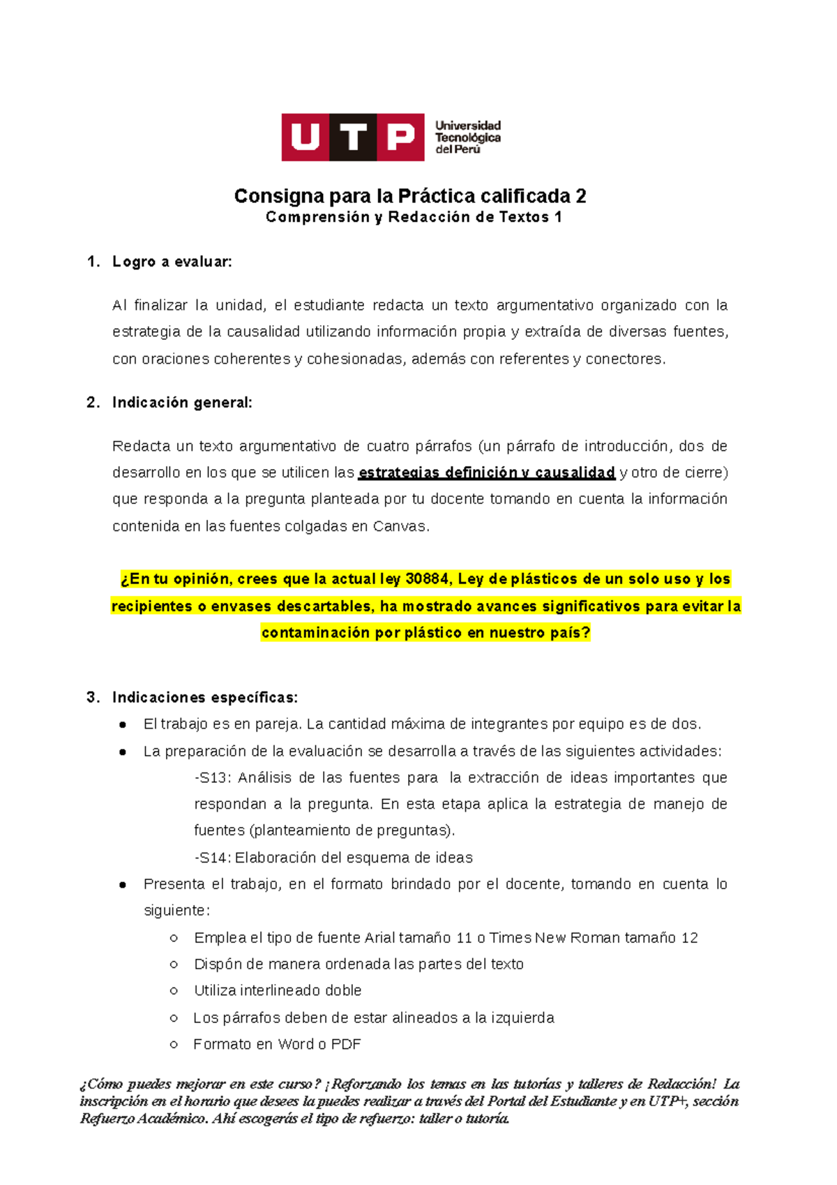 S15.s2 - esperoteayude - Consigna para la Práctica calificada 2 Comprensión y Redacción de ...