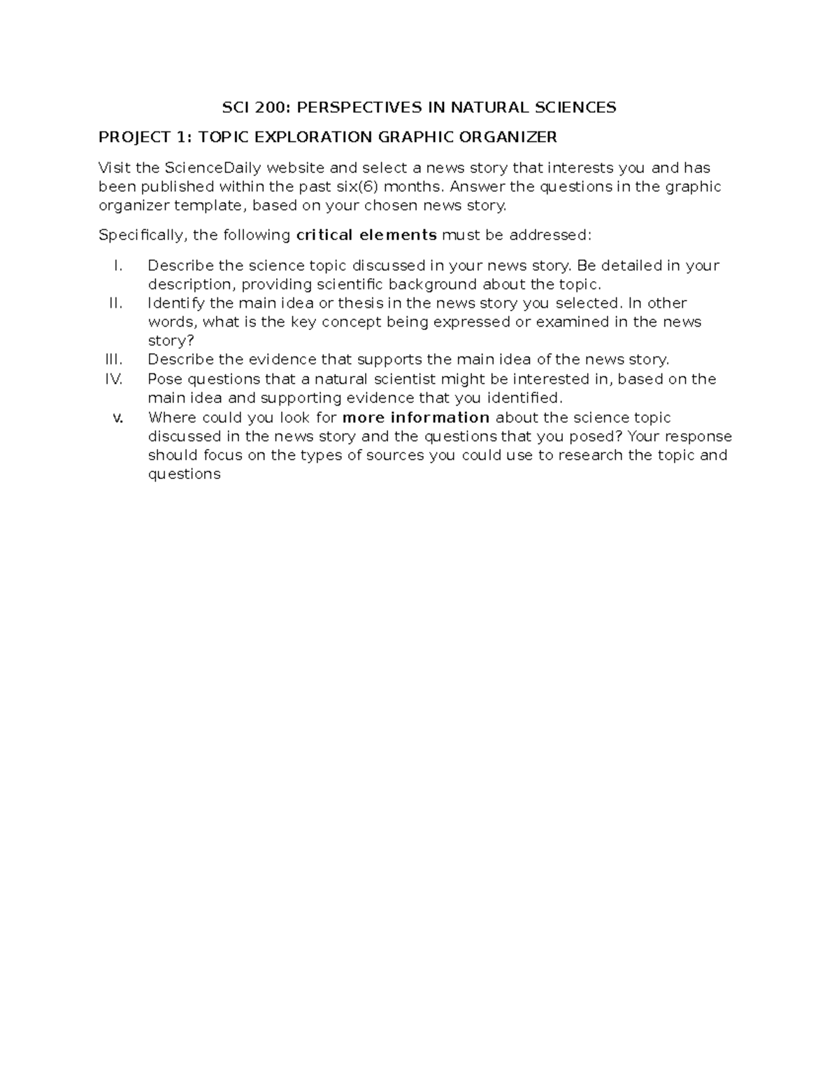 Project 1 - SCI 200: PERSPECTIVES IN NATURAL SCIENCES PROJECT 1: TOPIC ...