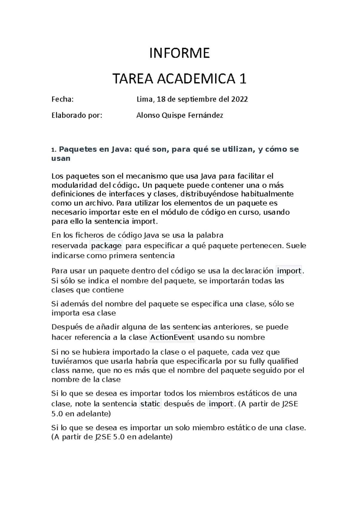 Informe TDP - Tarea Academica taller de programacion - INFORME TAREA ...