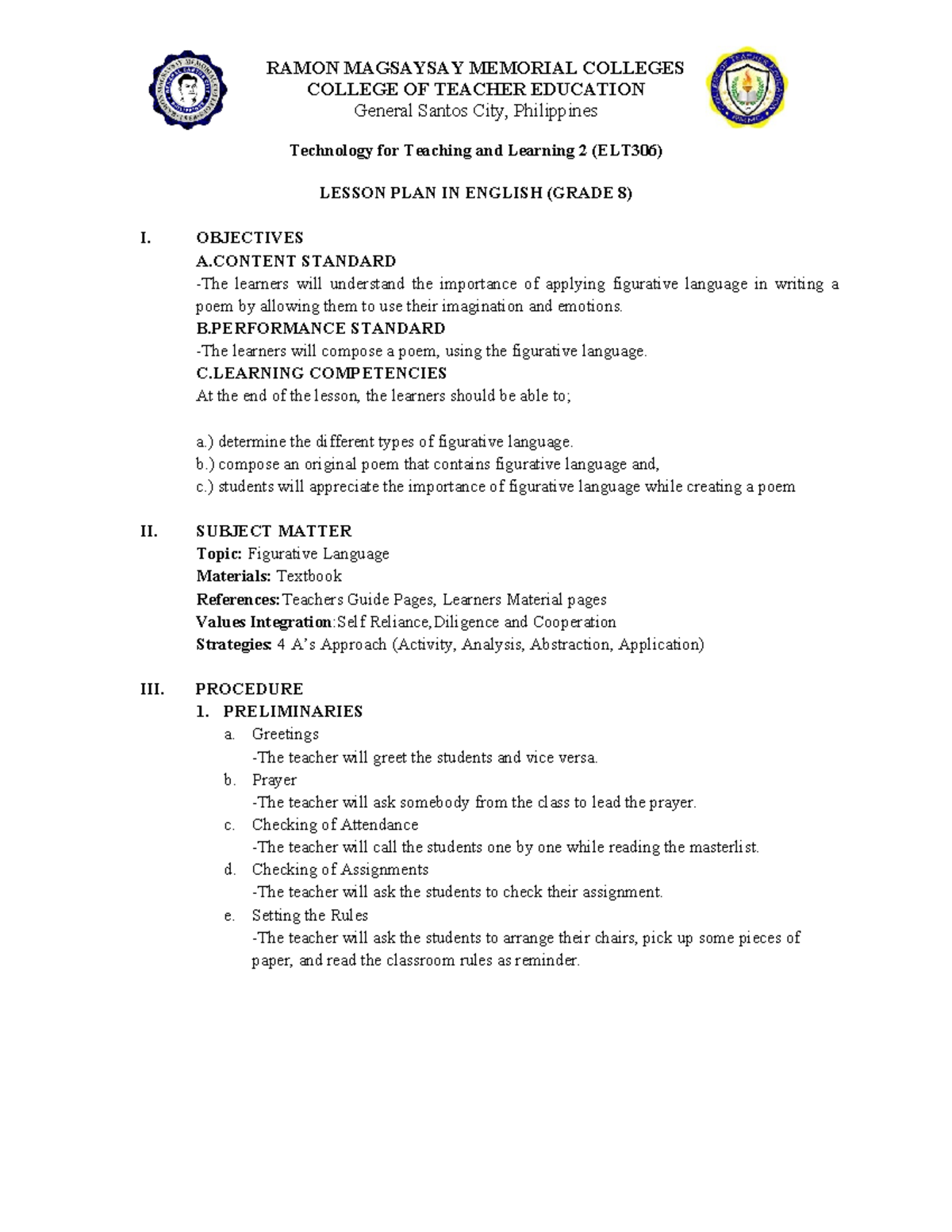 TTL 2 Final Activity Writing LP - RAMON MAGSAYSAY MEMORIAL COLLEGES COLLEGE OF TEACHER EDUCATION ...