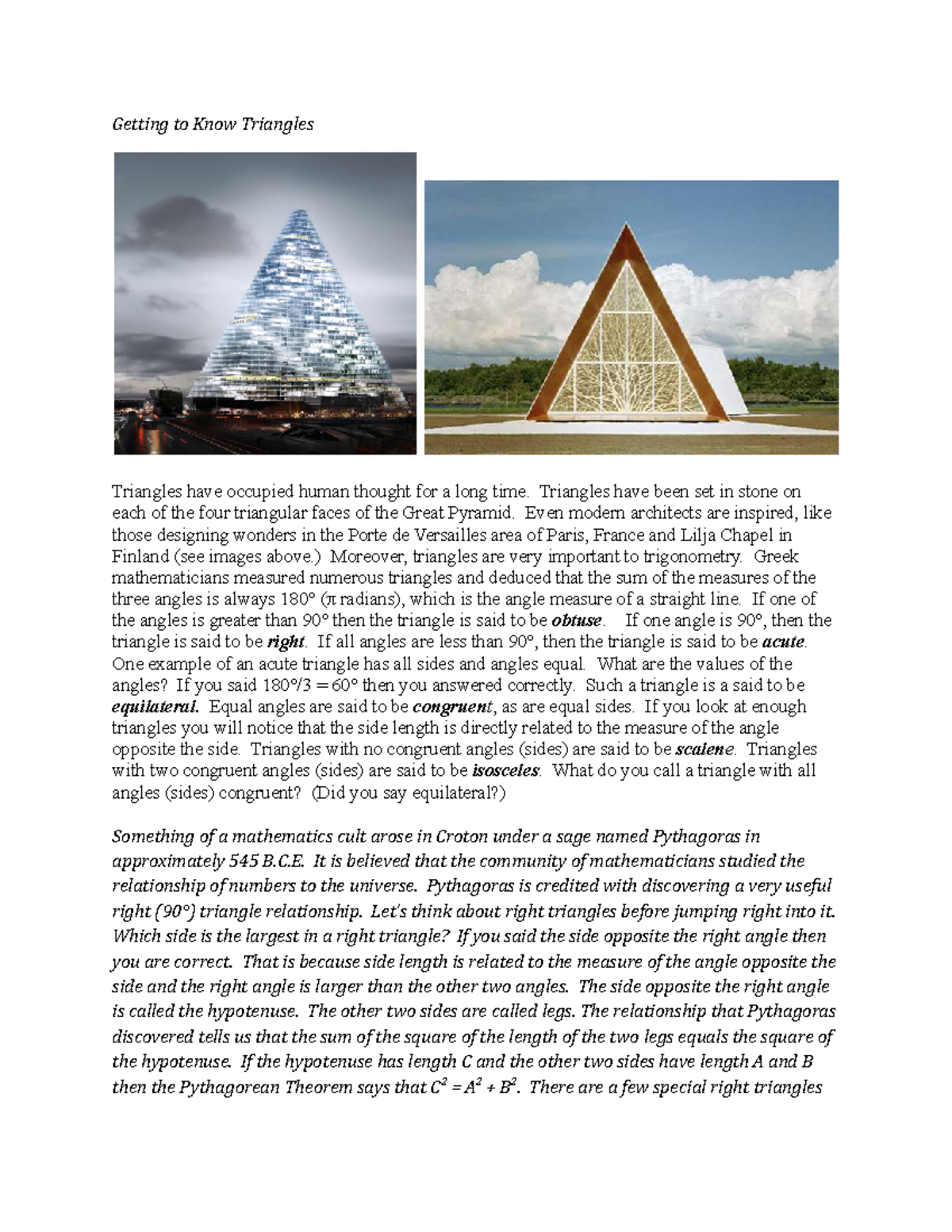 Triangles X-Y R-Definitions - Getting to Know Triangles Triangles have ...