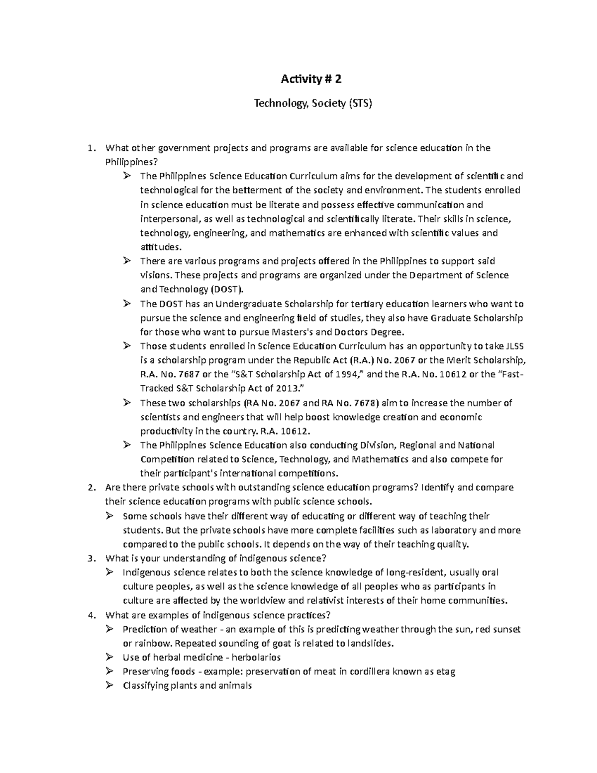 Activity#2 - STS - Science and technology, Society - Activity # 2 ...