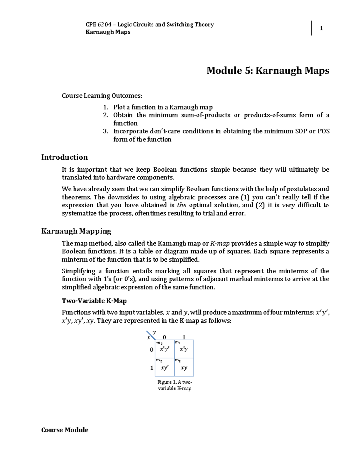 Week 6 - Module 5 Karnaugh Maps - CPE 6204 – Logic Circuits and ...