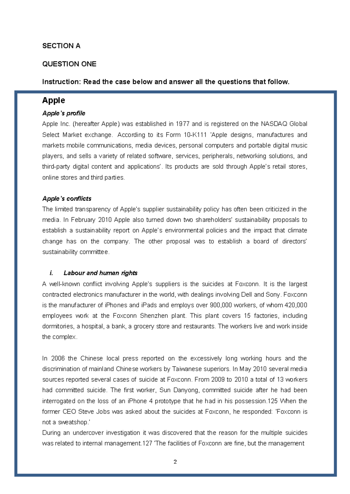 Assignment - SECTION A QUESTION ONE Instruction: Read the case below ...