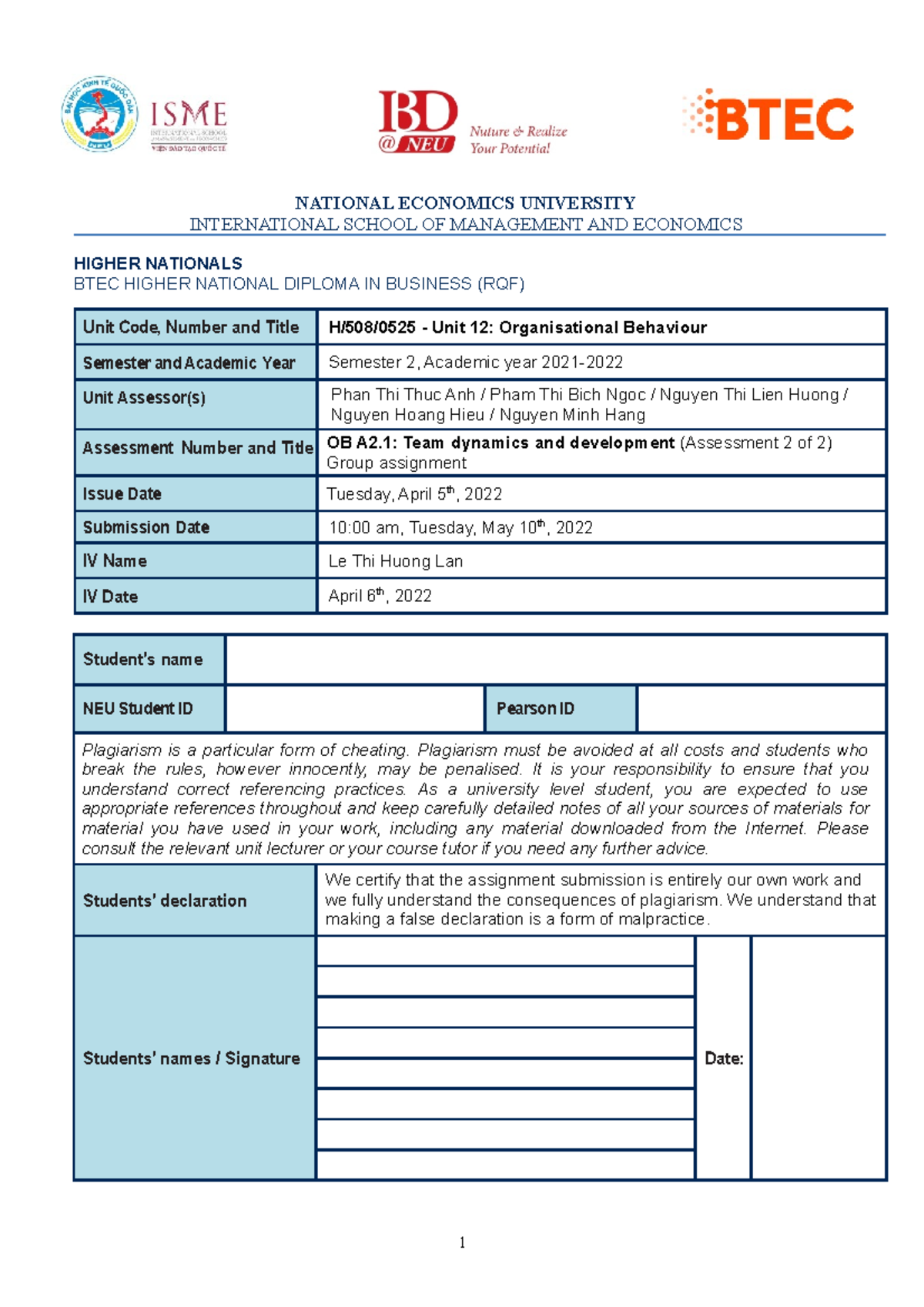 OB A2.1 2021-2022 Sem2 PTTA - NATIONAL ECONOMICS UNIVERSITY ...