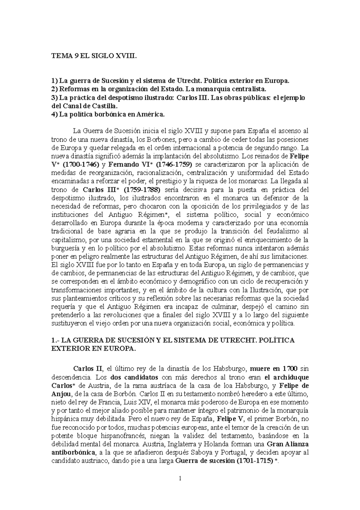 TEMA 9 HIST BACH - Guía de estudio para preparar la materia - TEMA 9 EL SIGLO XVIII. La guerra ...