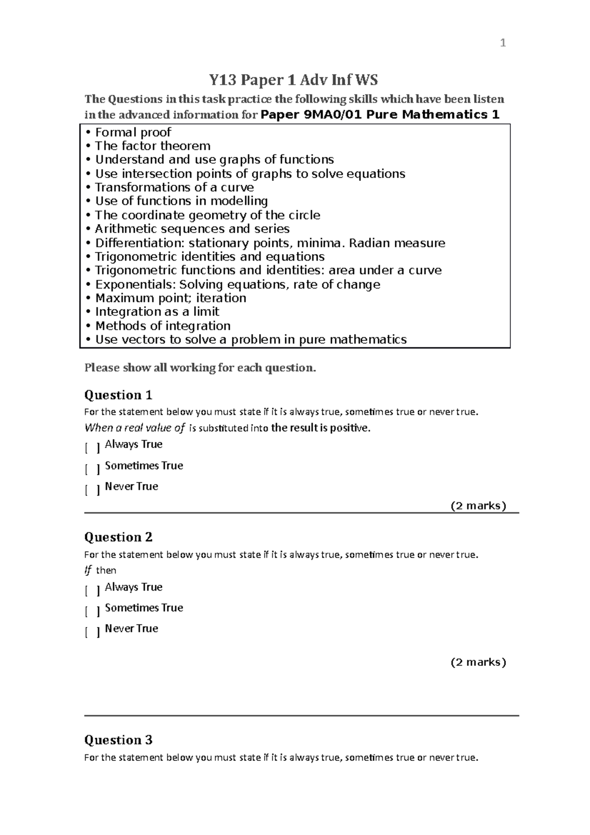 Y13 Paper 1 Adv Inf WS - maths - Y13 Paper 1 Adv Inf WS The Questions ...