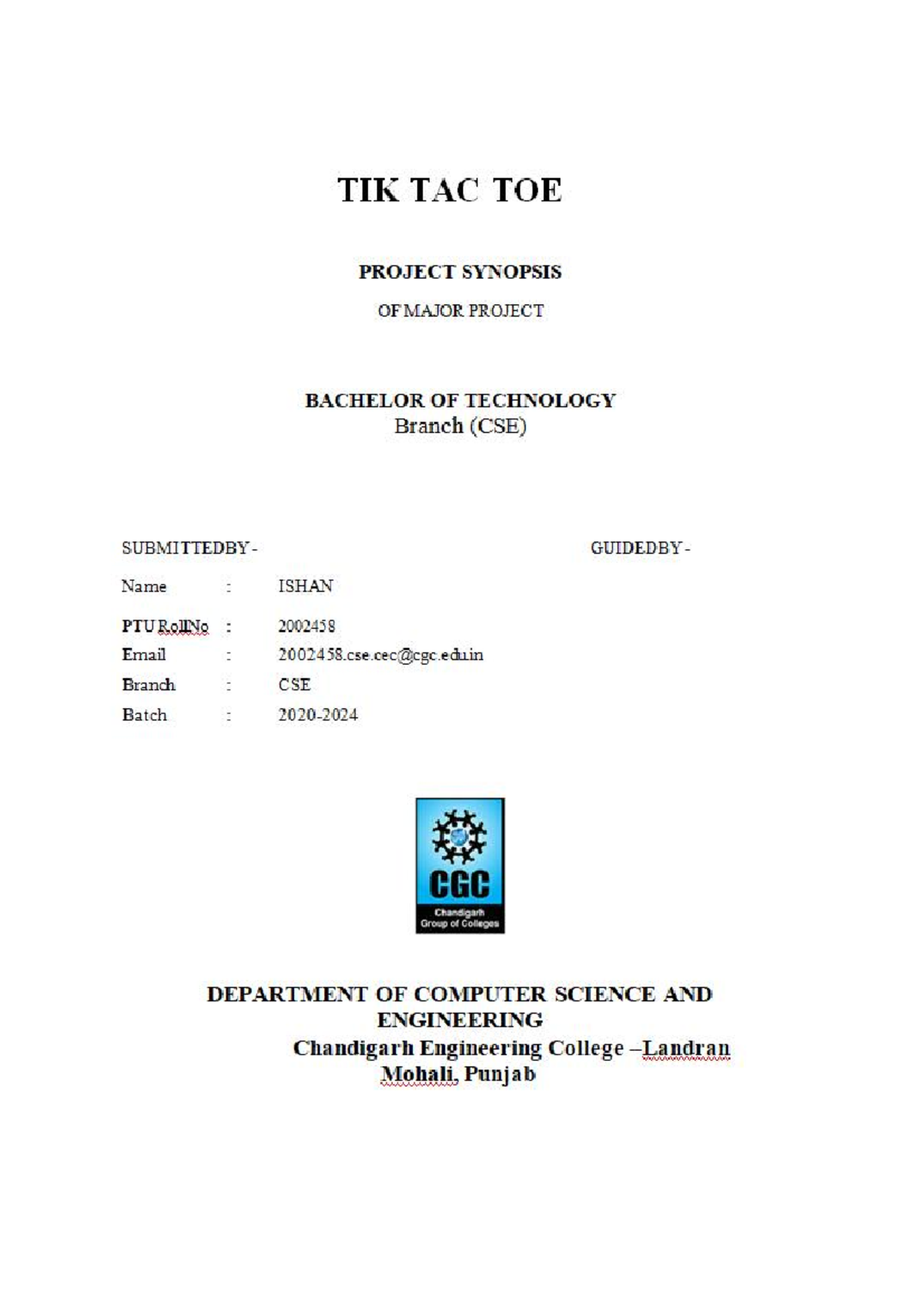 TIC TAC TOE (project synopsis) - Computer Science - Studocu