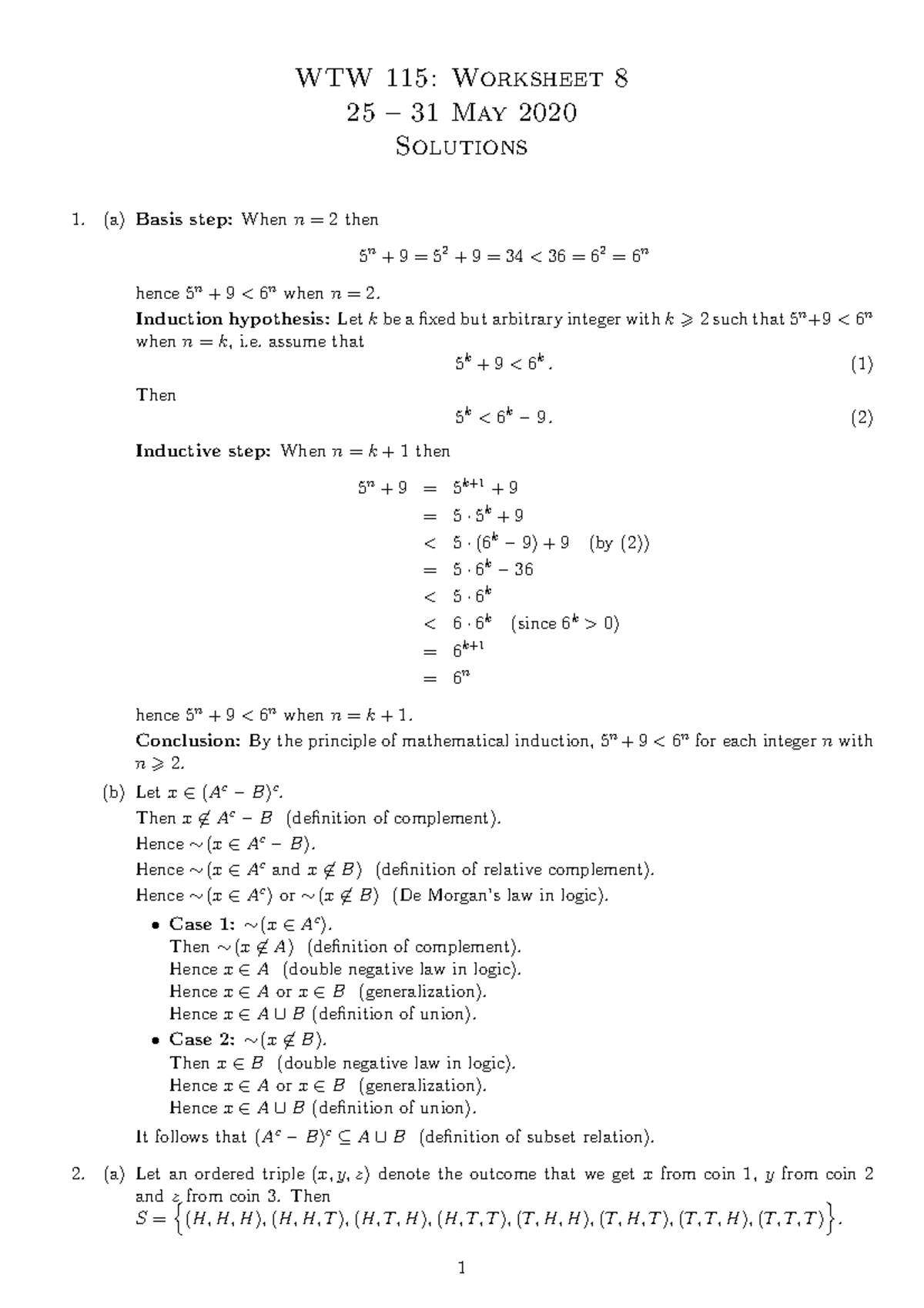 WTW 115 Worksheet 8 (2020) (Solutions) - WTW 115: Worksheet 8 25 – 31 May 2020 Solutions (a ...