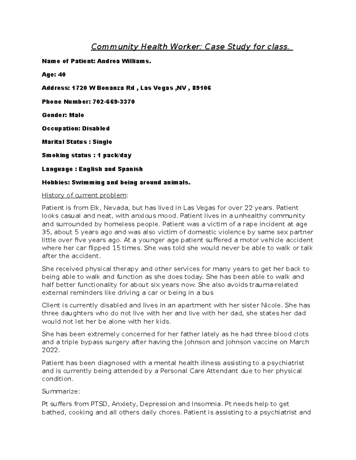 CASE Study - Community Health Worker: Case Study for class. Name of ...