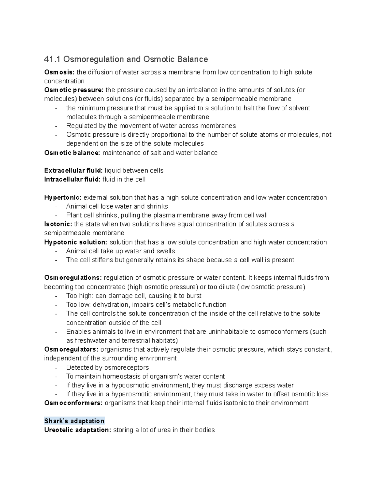 BIOL 1102 Week 5 Notes - 41 Osmoregulation and Osmotic Balance Osmosis ...