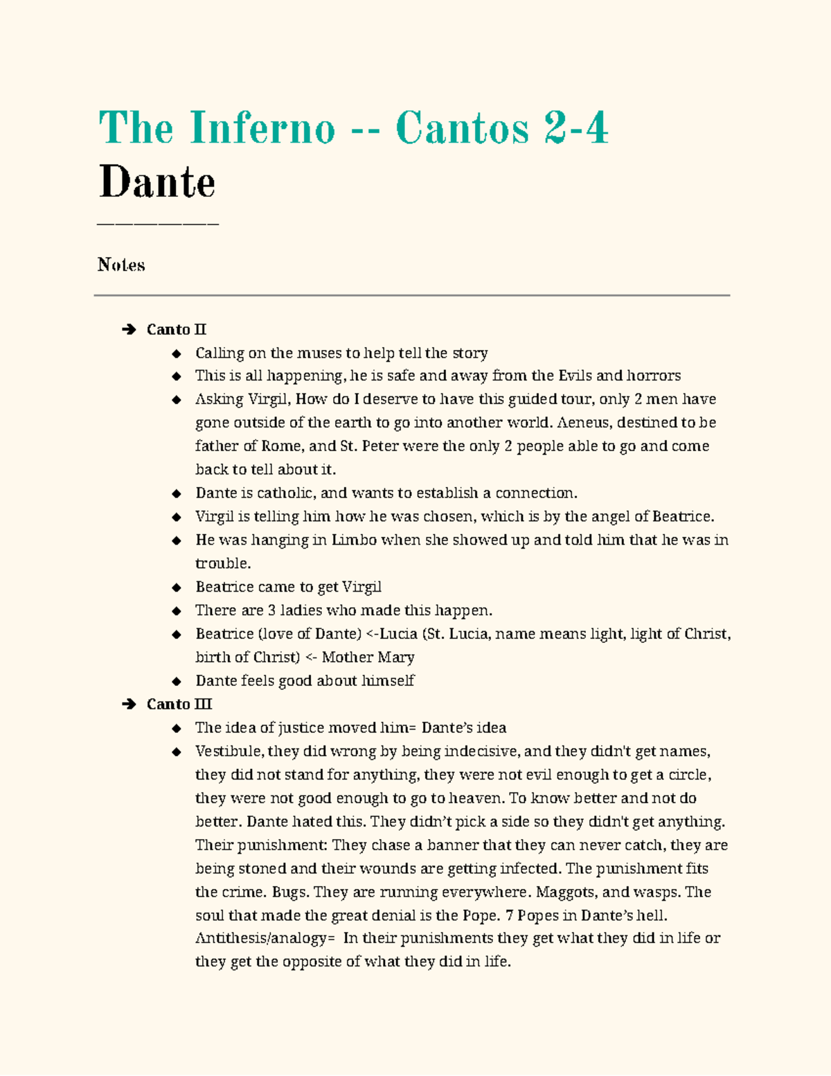 Inferno Cantos 2-4 Notes - The Inferno - Cantos 2- Dante ...