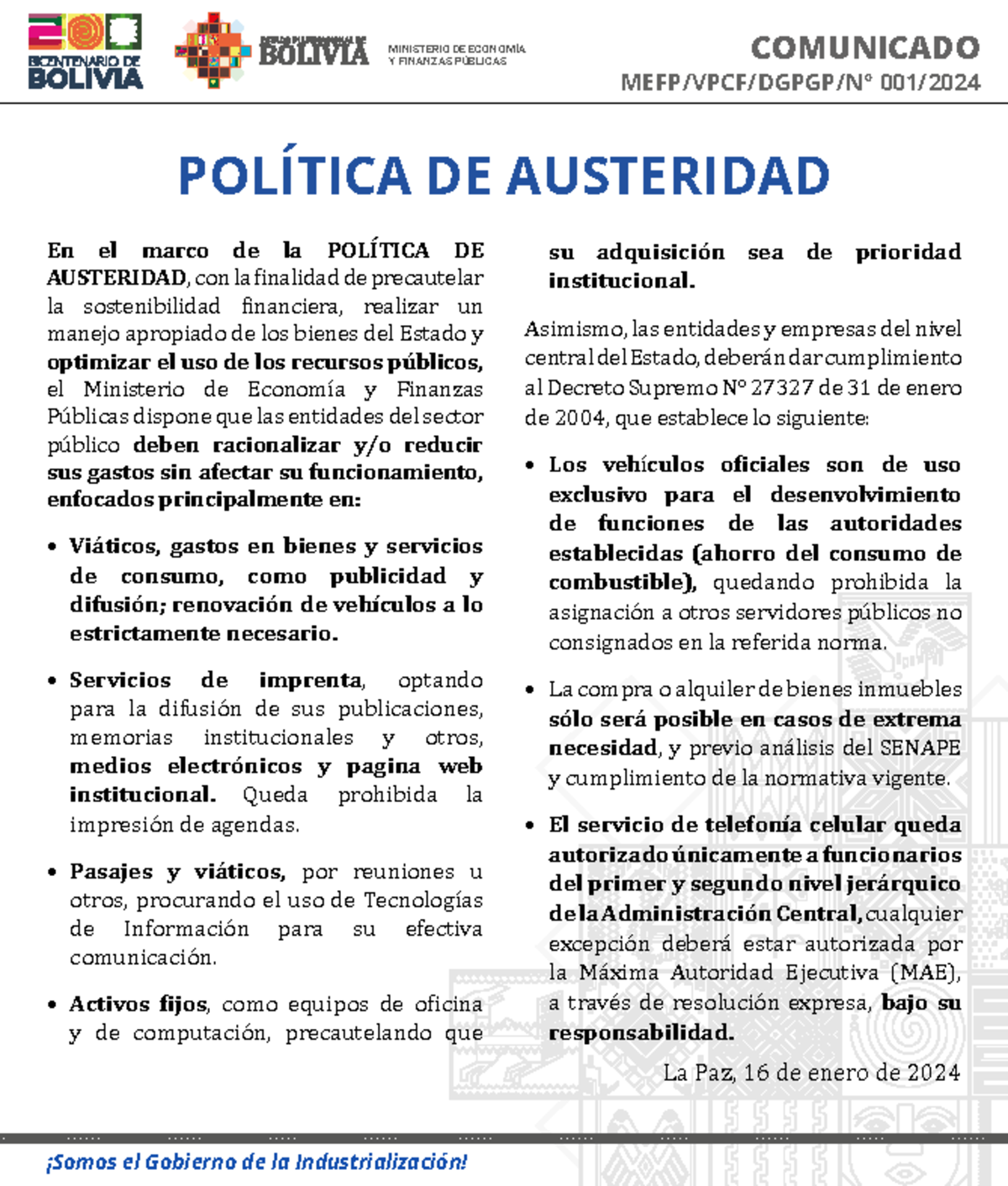 Poltica austeridad - POLÍTICA DE AUSTERIDAD En el marco de la POLÍTICA ...