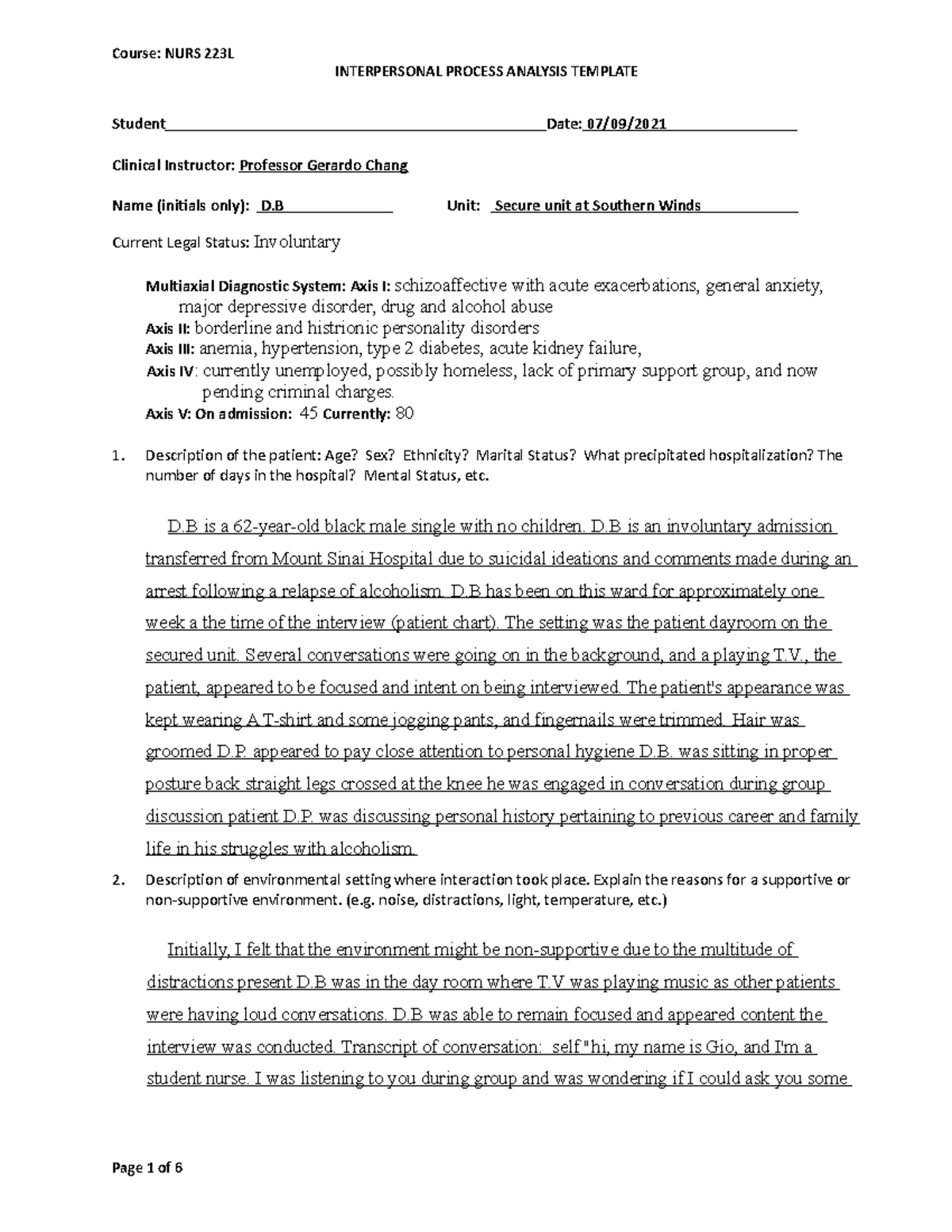 Interpersonal Process Analysis - NURS 222 - WCU - Studocu