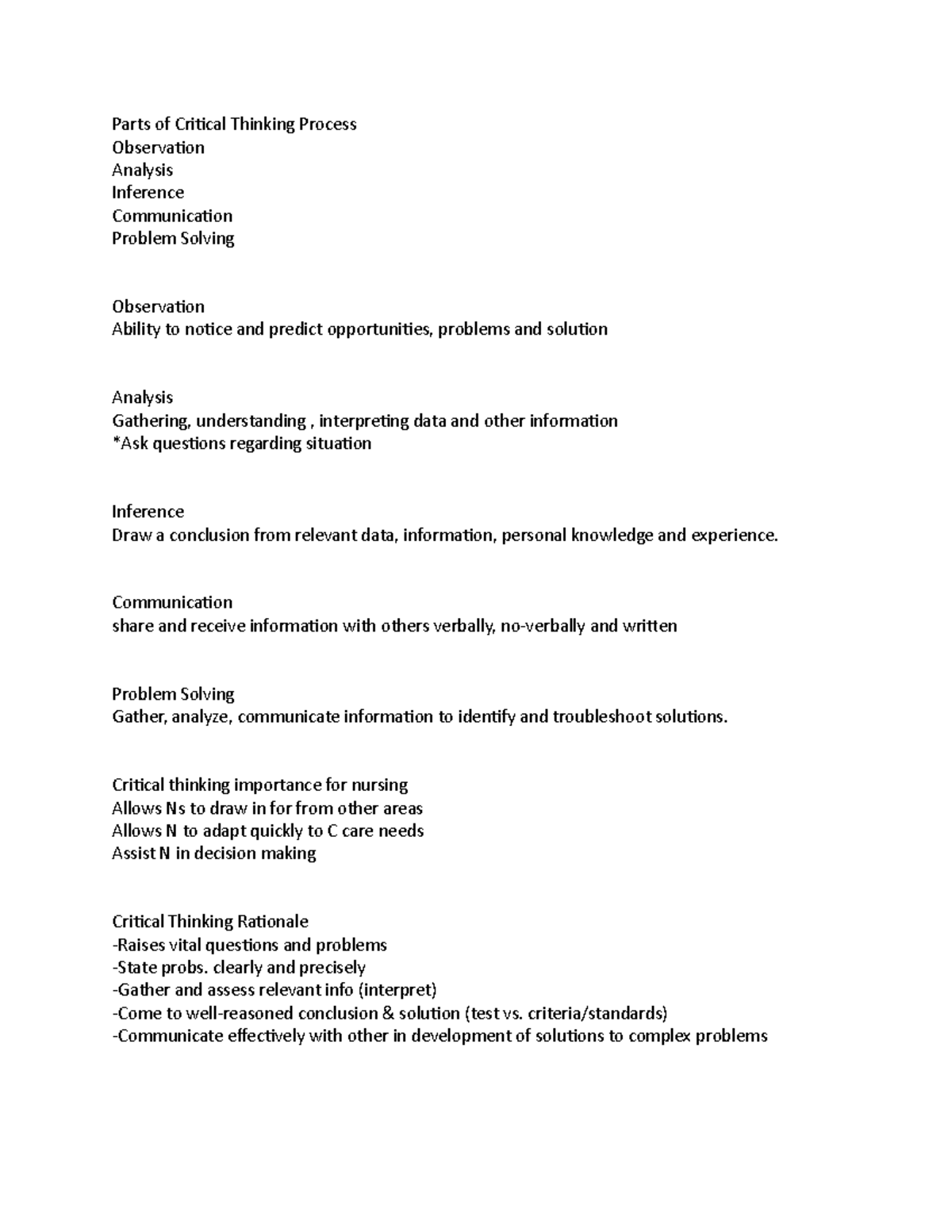 Nurs 101 Nursing Process Exam 3 - Parts of Critical Thinking Process ...
