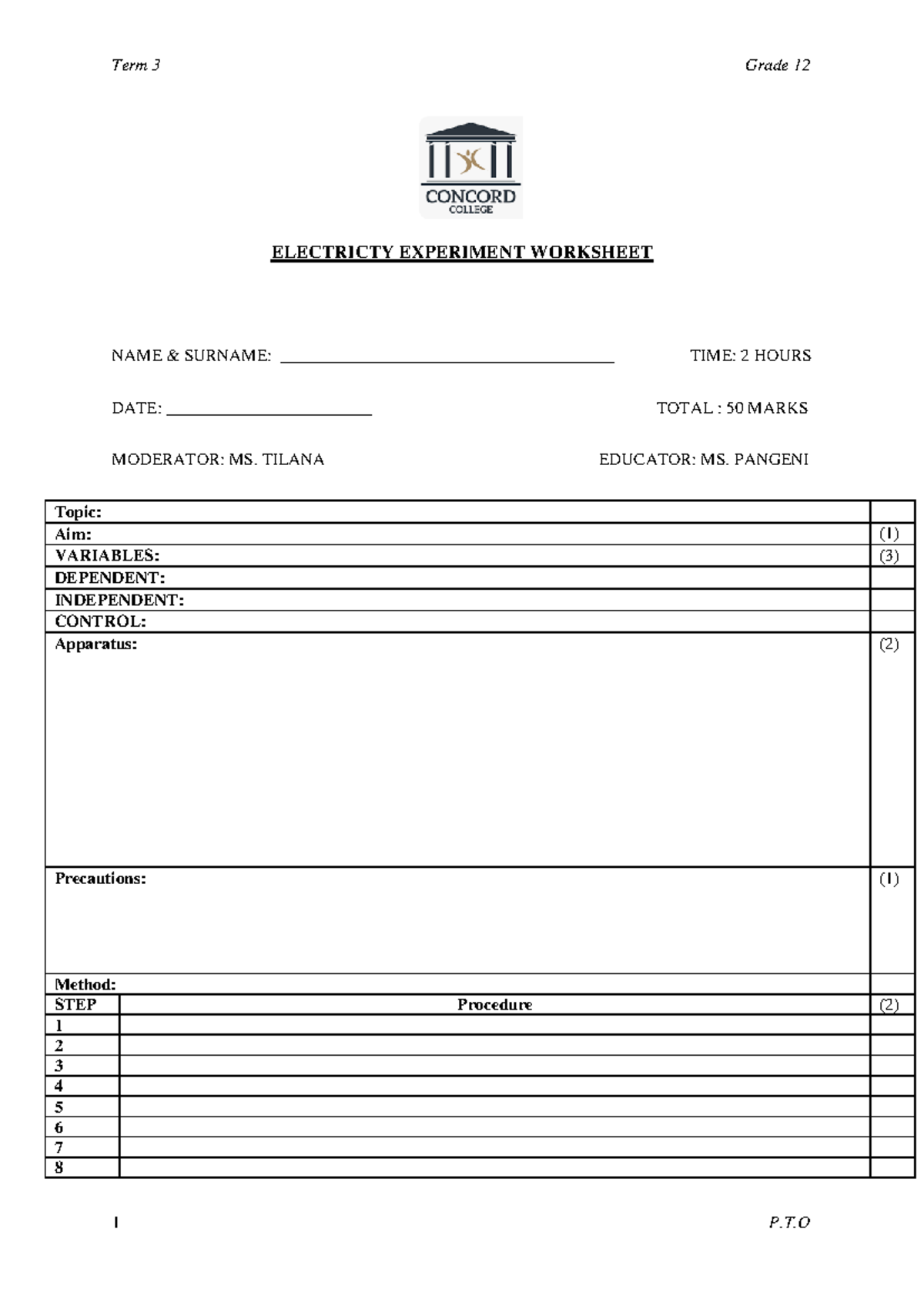 Electricty Experiment Worksheet - ELECTRICTY EXPERIMENT WORKSHEET NAME ...