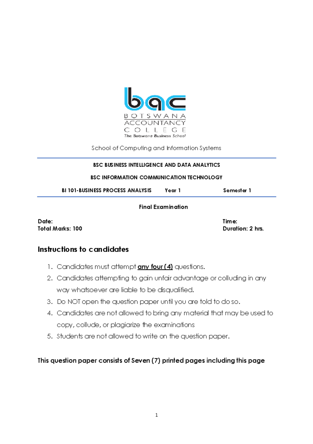 BI101 BPA Exam2023Final Exam - School of Computing and Information Systems BSC BUSINESS ...