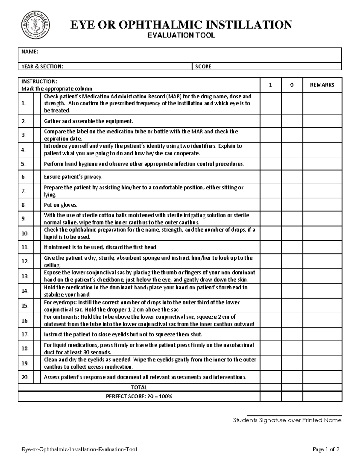 Eye or Ophthalmic Instillation Evaluation Tool - EYE OR OPHTHALMIC ...